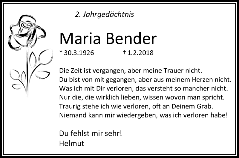 Traueranzeigen von Maria Bender | Trauer und Gedenken
